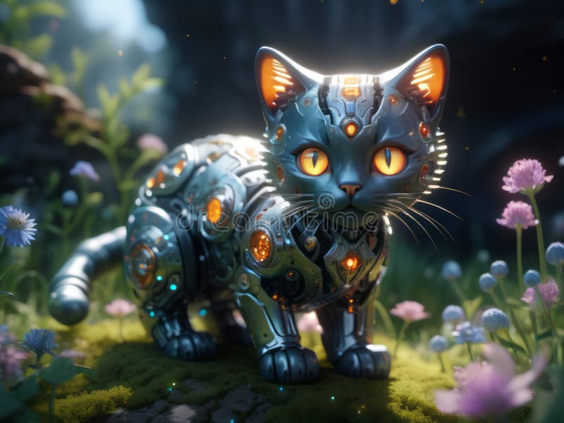 Futuristic Robotic Cat Exploring a Vibrant Garden with Glowing ...