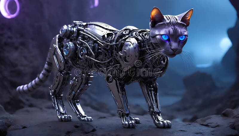 Futuristic Robotic Cat with Glowing Blue Eyes in Sci-Fi Setting Stock ...