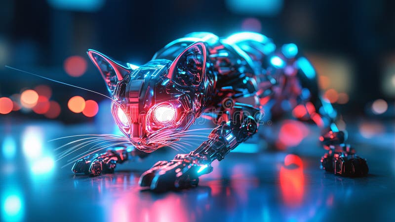 A Futuristic Robotic Cat with Metallic Fur and Glowing Whiskers on a ...