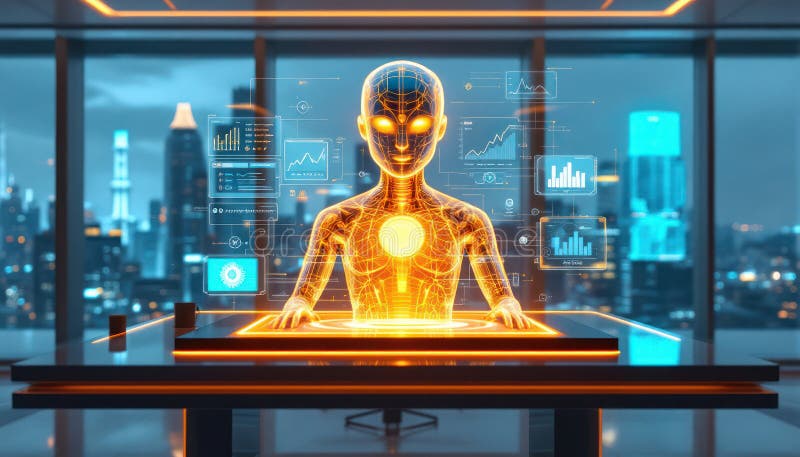 Futuristic Robotic Child Analyzing Data on Holographic Interface Stock ...