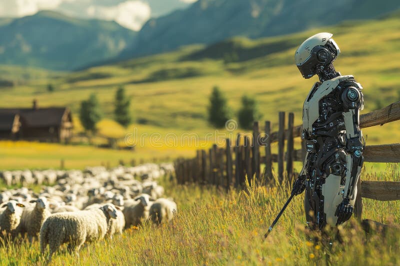 Futuristic Robotic Cowherd Using AI To Herd Sheep in a Serene Meadow ...