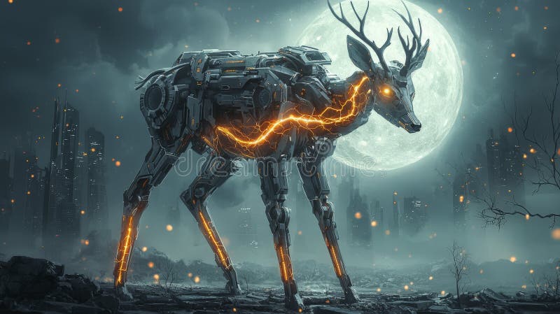 A Futuristic Robotic Deer Illuminated by a Full Moon, Showcasing a ...