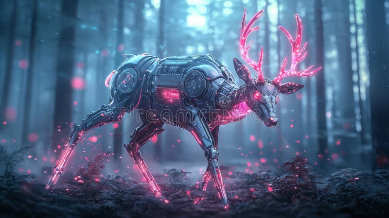 A Futuristic Robotic Deer Illuminated by Vibrant Pink Lights, Blending ...
