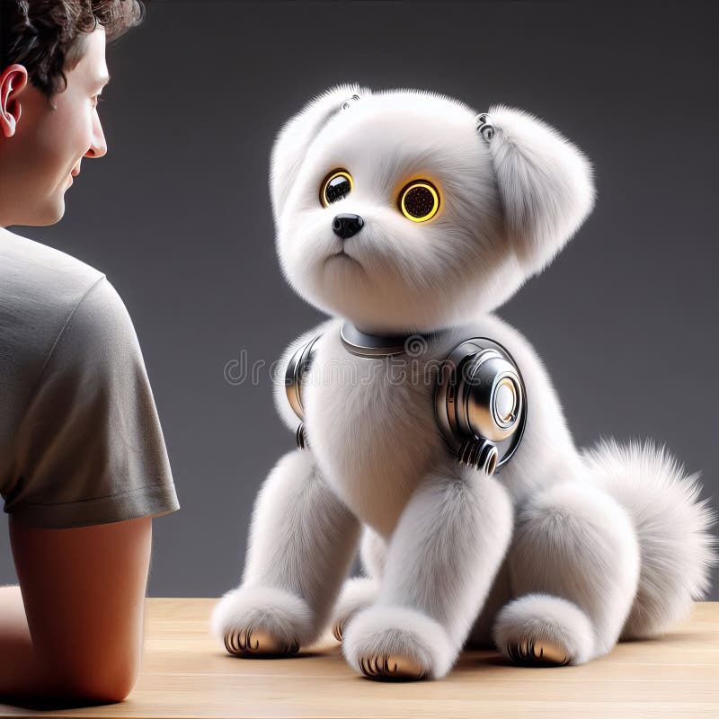 Futuristic Robotic Dog Interacting with a Man Stock Illustration ...