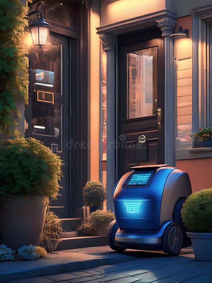 Futuristic Robotic Door-to-Door Package Delivery Robot Making a Delivery, Created with ...