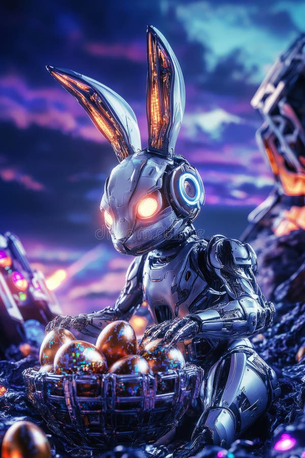 A Futuristic, Robotic Easter Bunny with Glowing Eyes and Metallic Fur ...