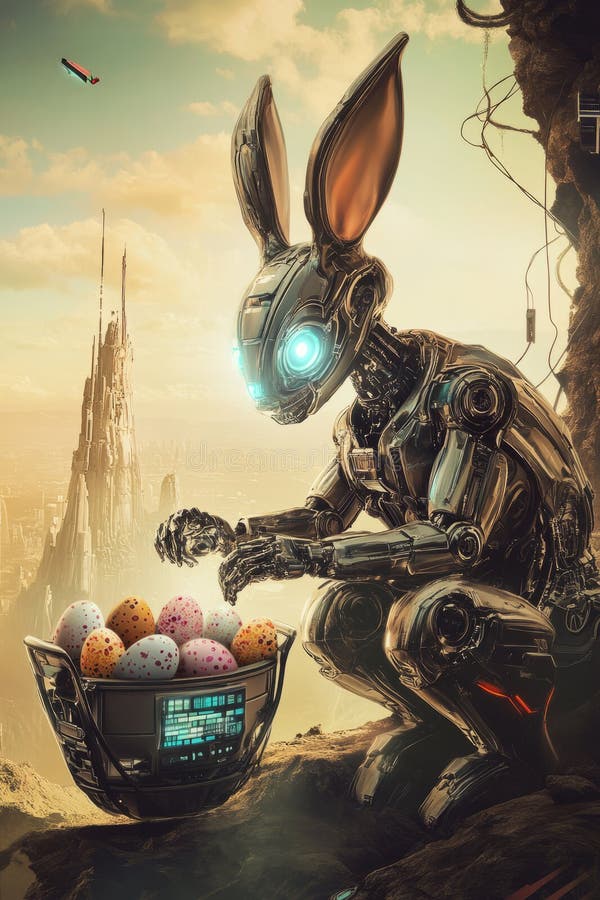 A Futuristic, Robotic Easter Bunny with Glowing Eyes and Metallic Fur ...