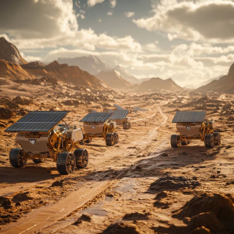 Futuristic Robotic Explorers on a Martian Landscape Under a Dramatic ...