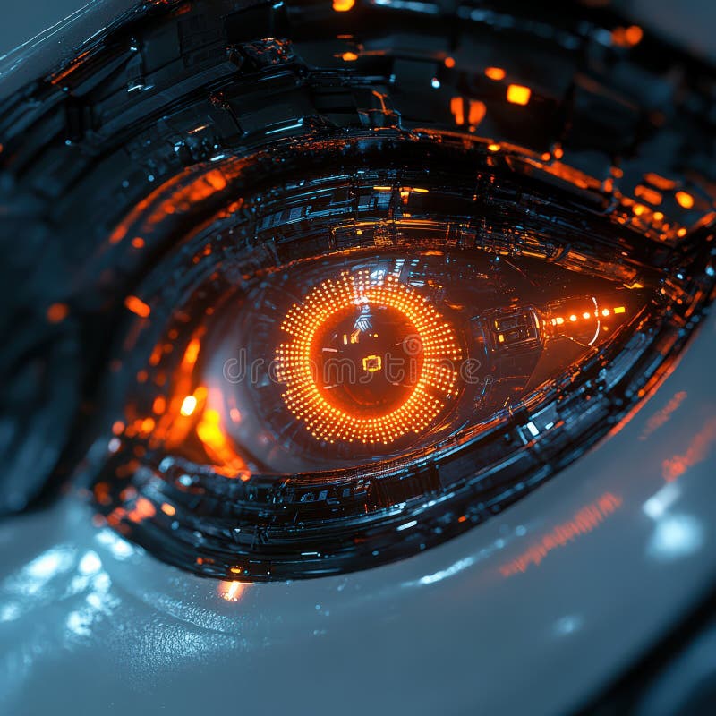 Futuristic Robotic Eye Close-Up with Neon Orange Details Stock ...