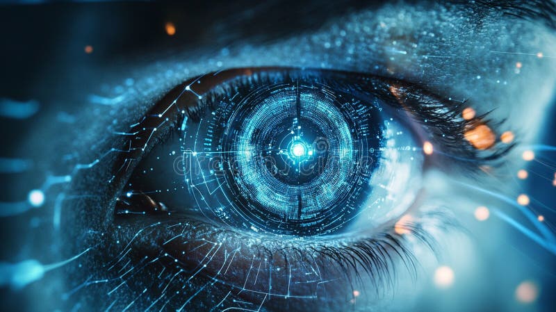 Futuristic Robotic Eye with Digital Data Patterns and Glowing Elements, Symbolizing Advanced ...