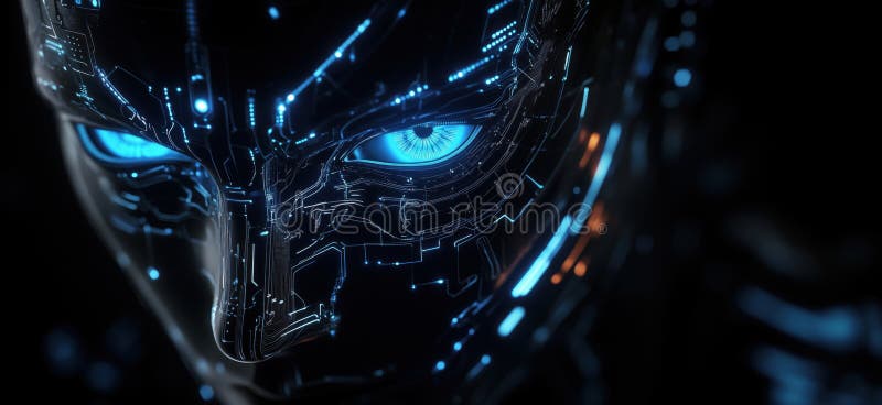 Futuristic Robotic Face with Glowing Blue Eyes and Intricate Circuitry ...