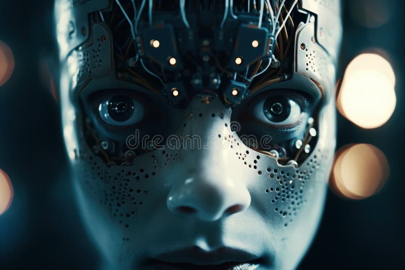 Futuristic Robotic Face with Glowing Eyes Stock Illustration ...