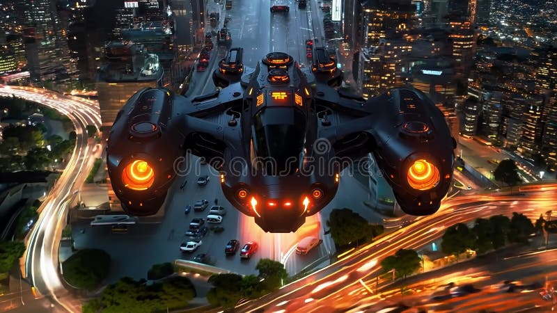 A Futuristic Spaceship Flying Over a City at Night Stock Video - Video ...