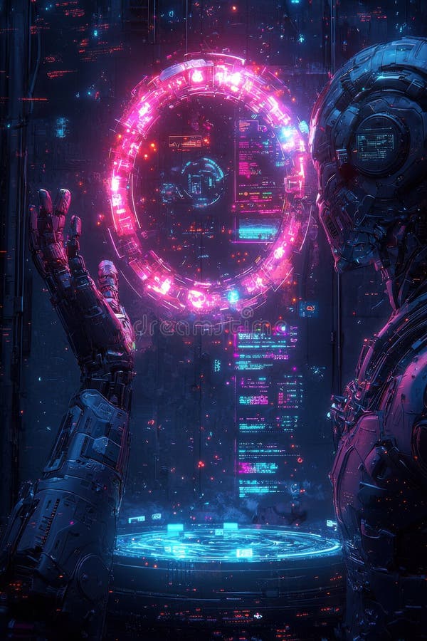 Futuristic Robotic Figure Interacting with Glowing Technology Ring in a ...