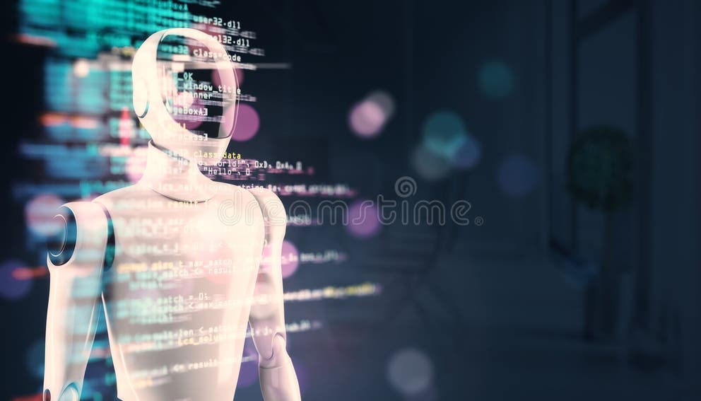 Futuristic Robotic Figure with Programming Code Overlay, Blurred Modern ...