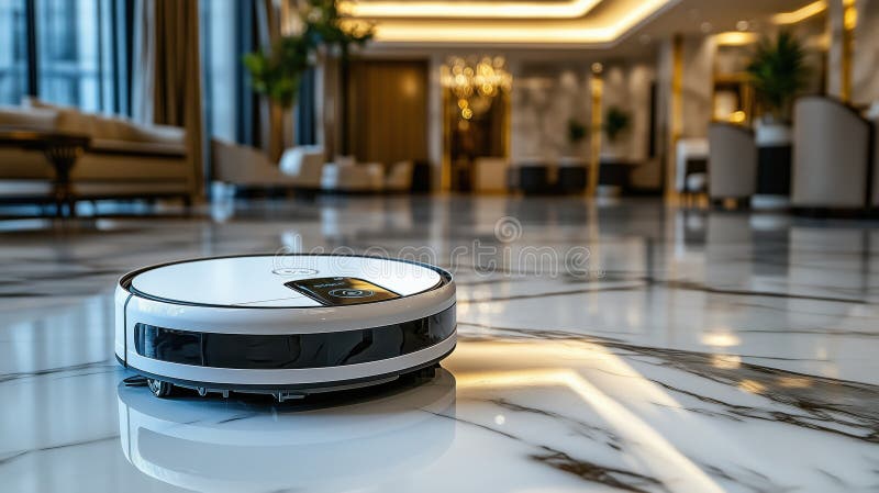 Futuristic Robotic Floor Cleaner Gliding Across Luxurious Marble Floor ...