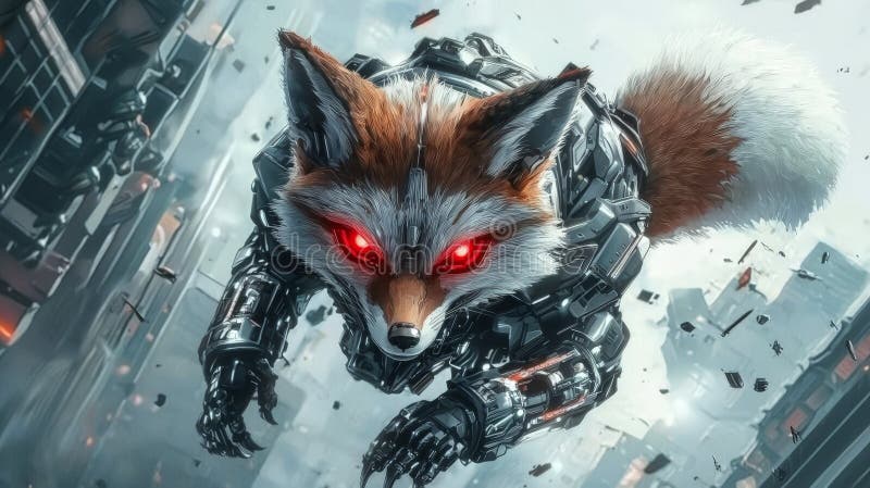 A Futuristic Robotic Fox with Glowing Eyes, Soaring through a High-tech ... A Futuristic Robotic Fox with Glowing Eyes, Soaring through a High-tech ...