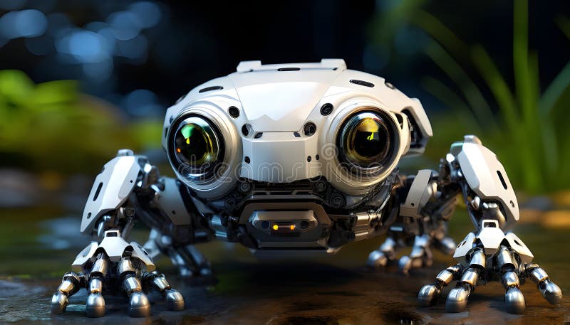 Futuristic Robotic Frog with Curious Expression Crawling on Wet Surface ...