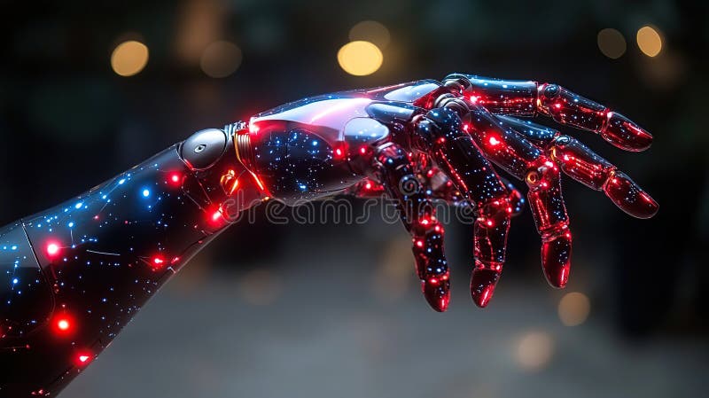 Futuristic Robotic Hand Adorned with Glowing Stars and Lights, Reaching ...