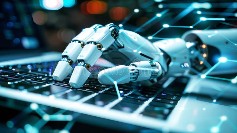 A Futuristic Robotic Hand Delicately Types on a Laptop Keyboard ...