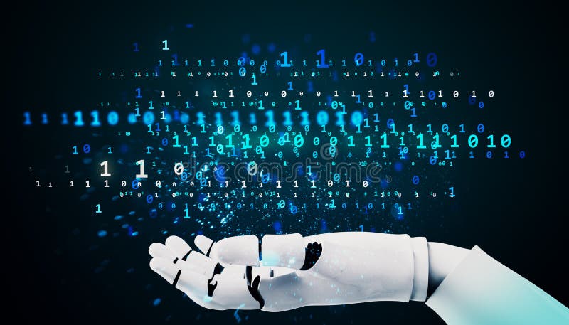 Futuristic Robotic Hand Displaying Floating Binary Code in a Digital Network Background. 3D ...