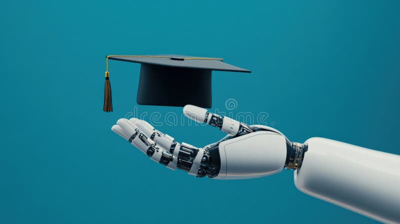 Robotic Hand Holding Graduation Cap Symbolizing AI in Education Stock ...