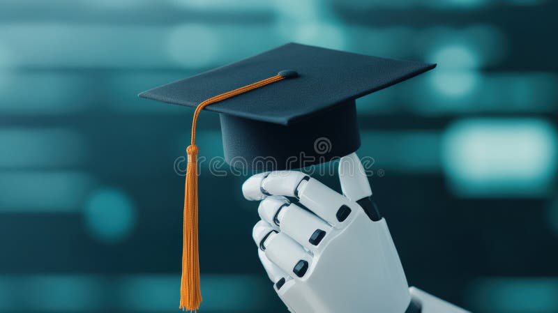 Robotic Hand Holding Graduation Cap Symbolizing AI in Education Stock ...