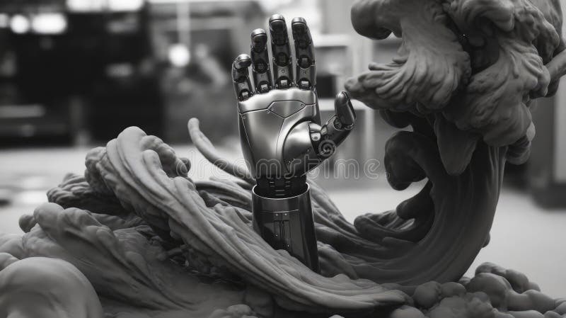 Futuristic Robotic Hand Emerging from Abstract Sculptural Waves in ...