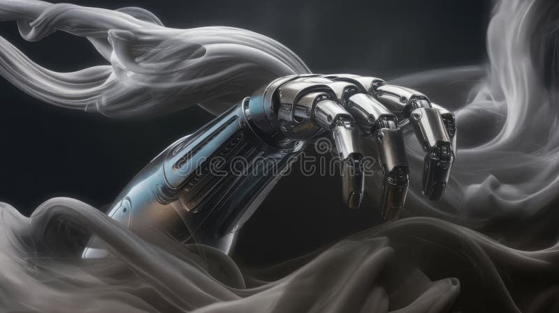 Futuristic Robotic Hand Emerging from Wisps of Smoke, Showcasing ...
