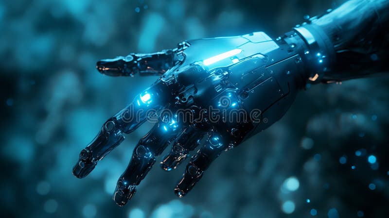 Futuristic Robotic Hand with Glowing Blue Lights in a High-Tech ...