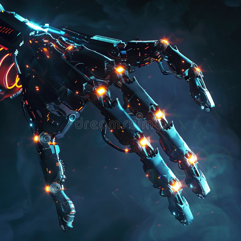Futuristic Robotic Hand with Glowing Joints Reaching Stock Photo ...