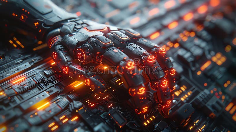 Futuristic Robotic Hand with Glowing Lights on a High-tech Surface ...