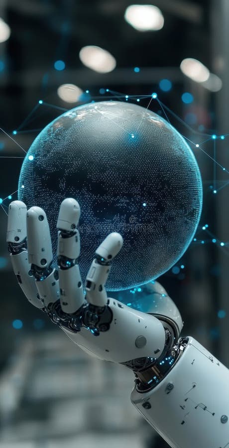 Futuristic Robotic Hand Holding the Digital Earth in Cyberspace Stock ...