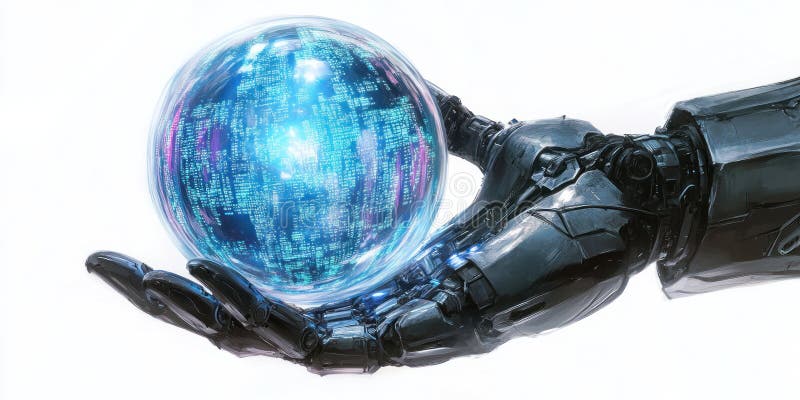 Futuristic Robotic Hand Holding Digital Sphere of Binary Code and ...