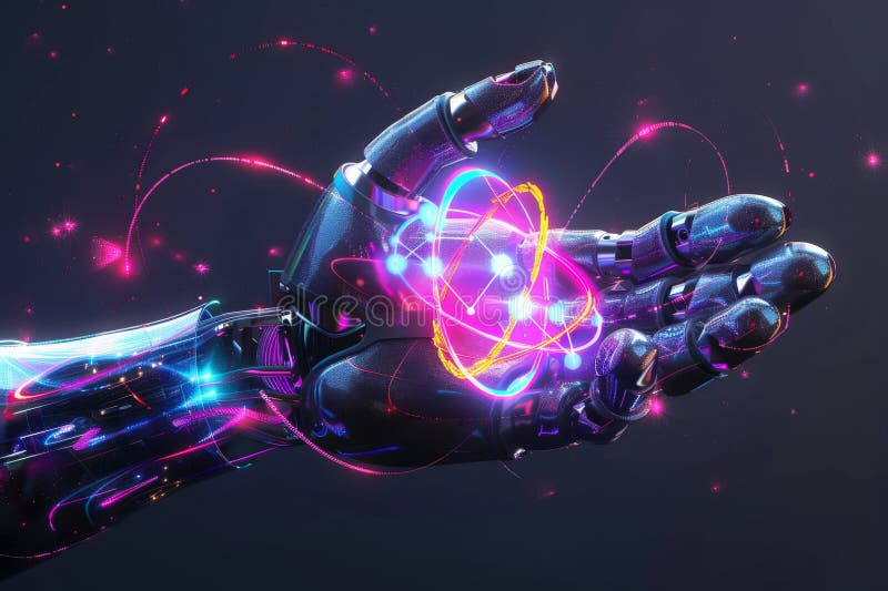 Futuristic Robotic Hand Holding a Glowing Atom Representing Scientific ...