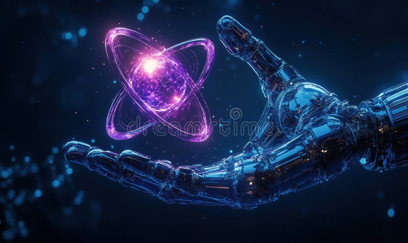 Futuristic Robotic Hand Holding Glowing Atom Symbol Representing ...