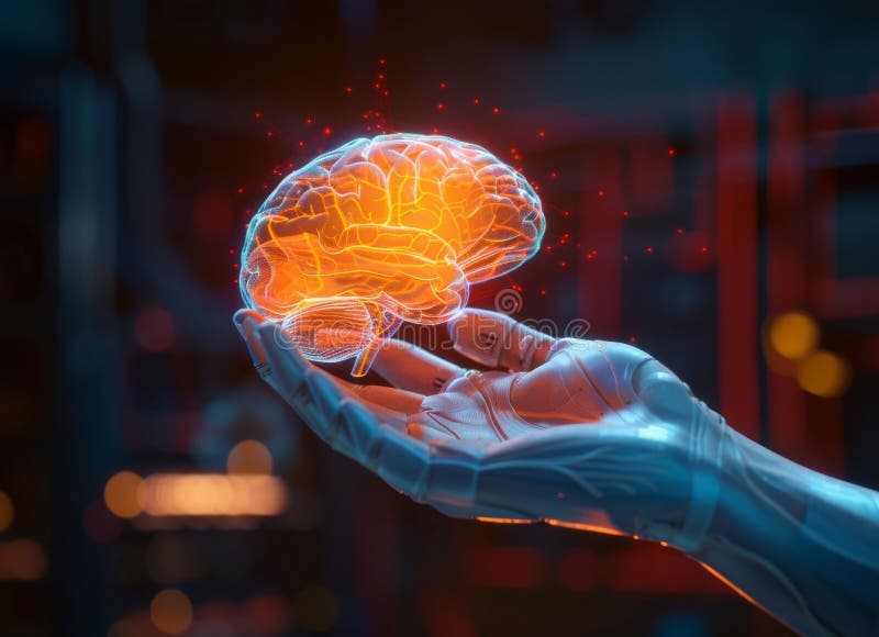 Futuristic Robotic Hand Holding a Glowing Digital Brain in a High-tech ...