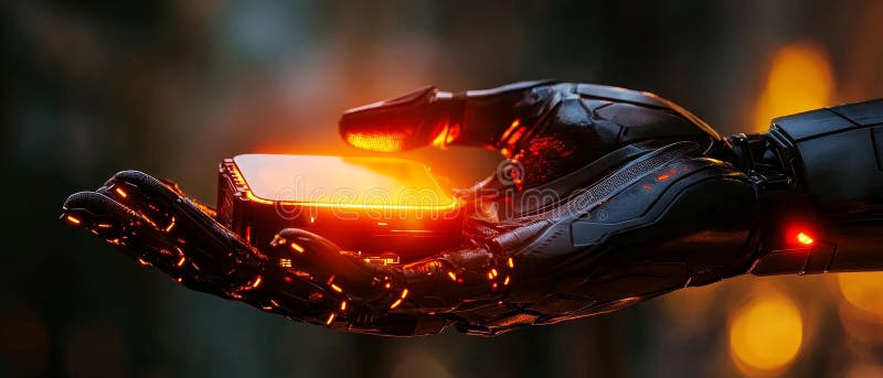 Futuristic Robotic Hand Holding Glowing Orange Interactive Device in ...