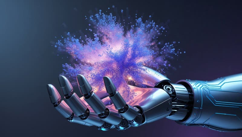 Futuristic Robotic Hand Holding Glowing Particles in a Digital Space ...