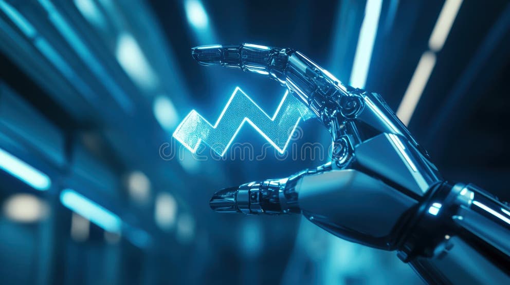 Futuristic Robotic Hand Holding Glowing Zigzag Shape in High-tech ...