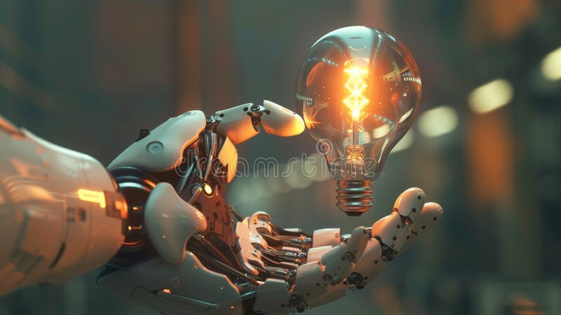 Futuristic Robotic Hand Holding Illuminated Lightbulb in High-Tech ...