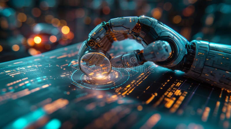 A Futuristic Robotic Hand Holding a Magnifying Glass Over a Pile of ...