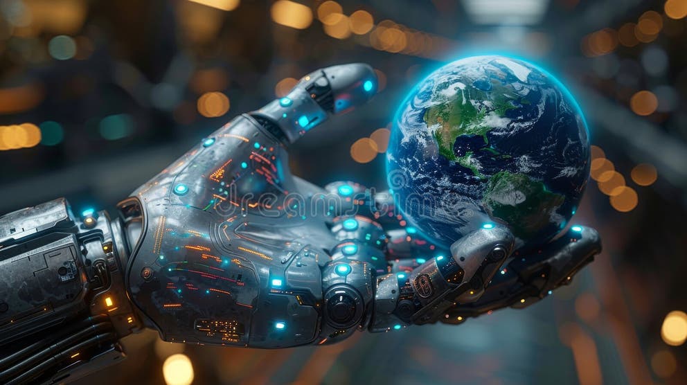 Futuristic Robotic Hand Holding Planet Earth in a Sci-fi Environment ...