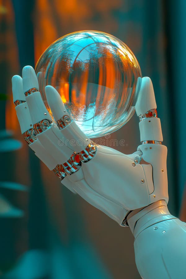 Futuristic Robotic Hand Holding a Reflective Glass Sphere Outdoors ...