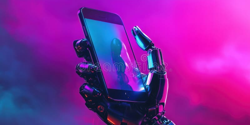 Futuristic Robotic Hand Holding Smartphone with Vibrant Neon Background ...