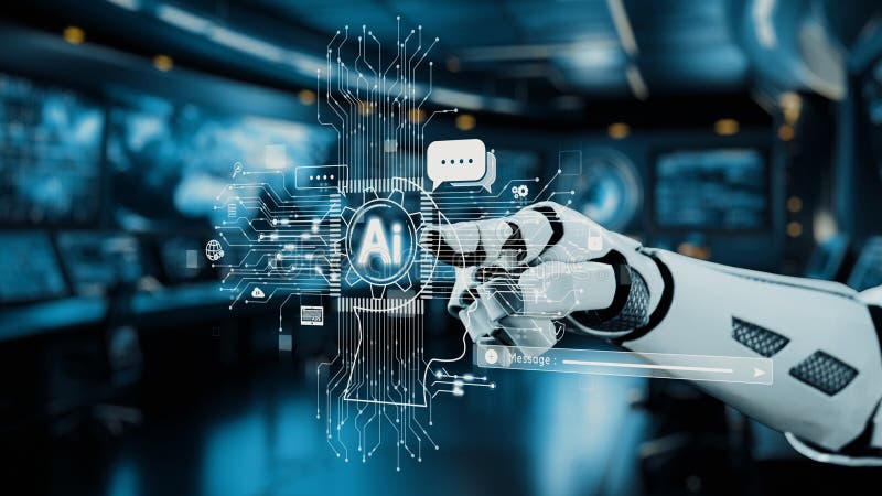 Futuristic Robotic Hand Interacting with Artificial Intelligence Interface in a High-tech ...