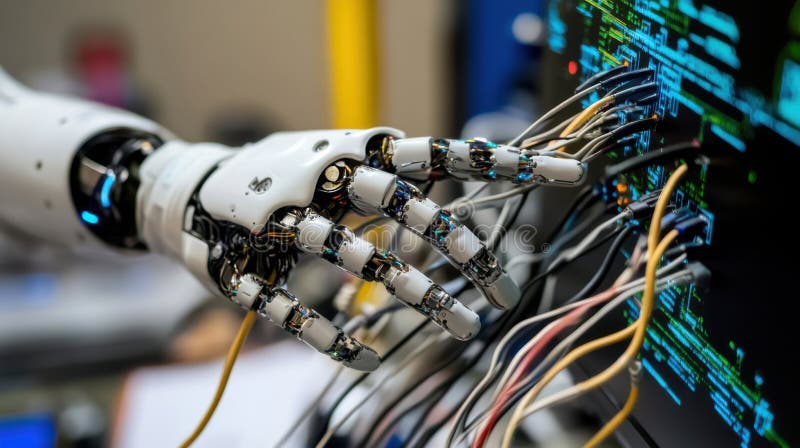 Futuristic Robotic Hand Interacting with Circuitry in a Technology ...