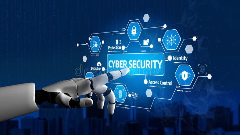 Futuristic Robotic Hand Interacting with Cyber Security Interface Featuring Icons for Protection ...