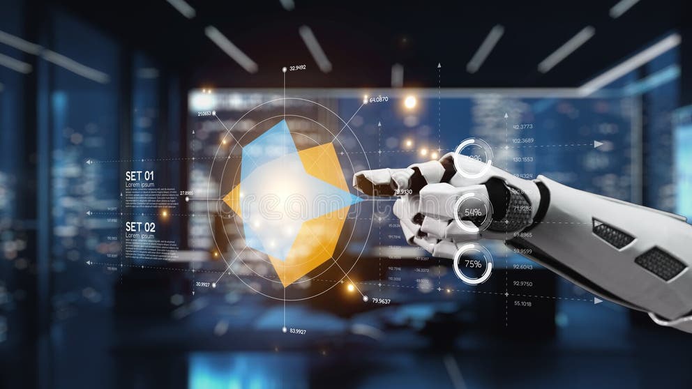 Futuristic Robotic Hand Interacting with Data Visualization in Modern ...