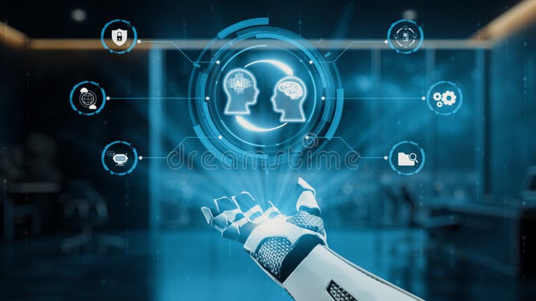 Futuristic Robotic Hand Interacting with Digital Brain Illustrations To ...